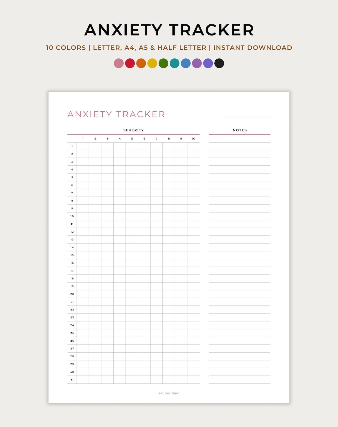 Anxiety Tracker, Printable Template, Track Daily Anxiety Level, Anxiety ...