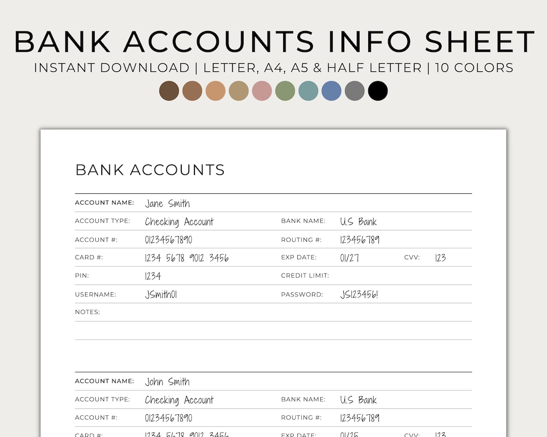 Bank Accounts Info Sheet Printable Minimal Finance Planner - Etsy Australia