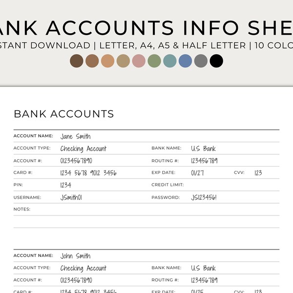 Bank Account Info Planner - Etsy