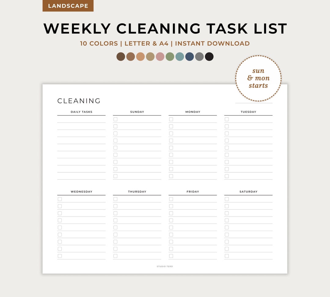 Weekly Cleaning Task List, Cleaning Schedule, Cleaning to Do List, Home ...