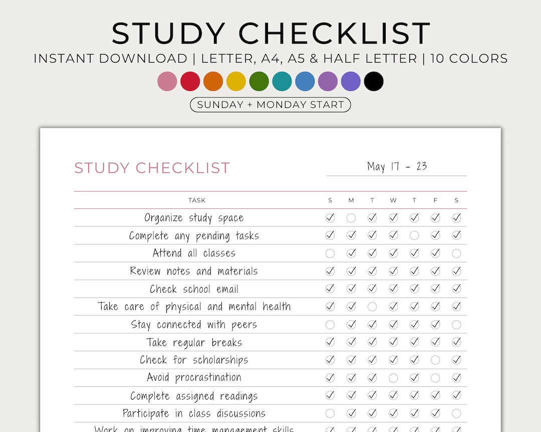Study Checklist, Printable, Minimal, Student Planner, School Tasks ...