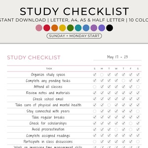 Study Checklist, Printable, Minimal, Student Planner, School Tasks ...