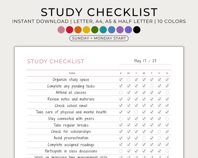 Study Checklist, Printable, Minimal, Student Planner, School Tasks ...