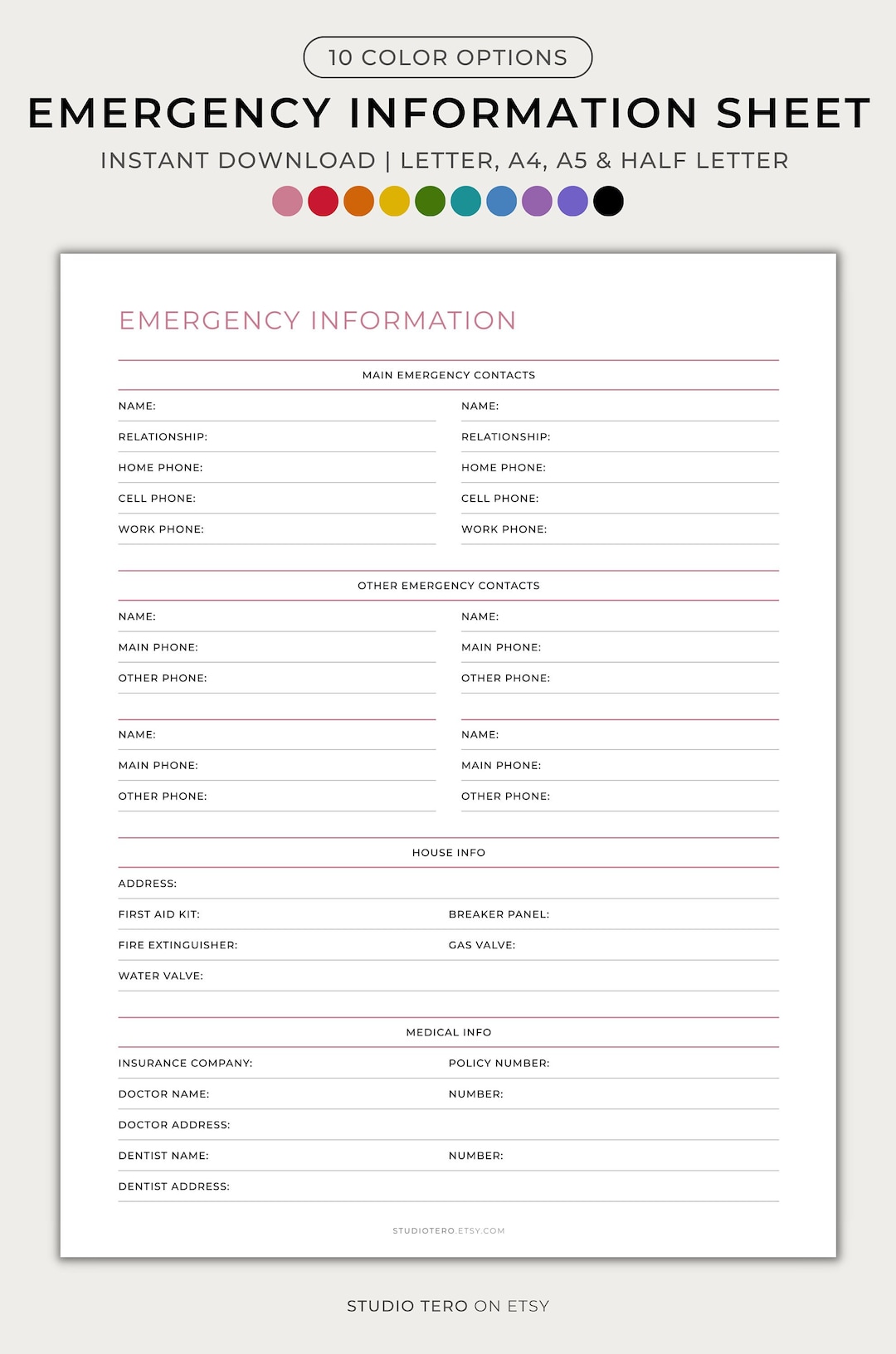 Emergency Information Sheet, Printable, Minimal, Emergency Contact ...