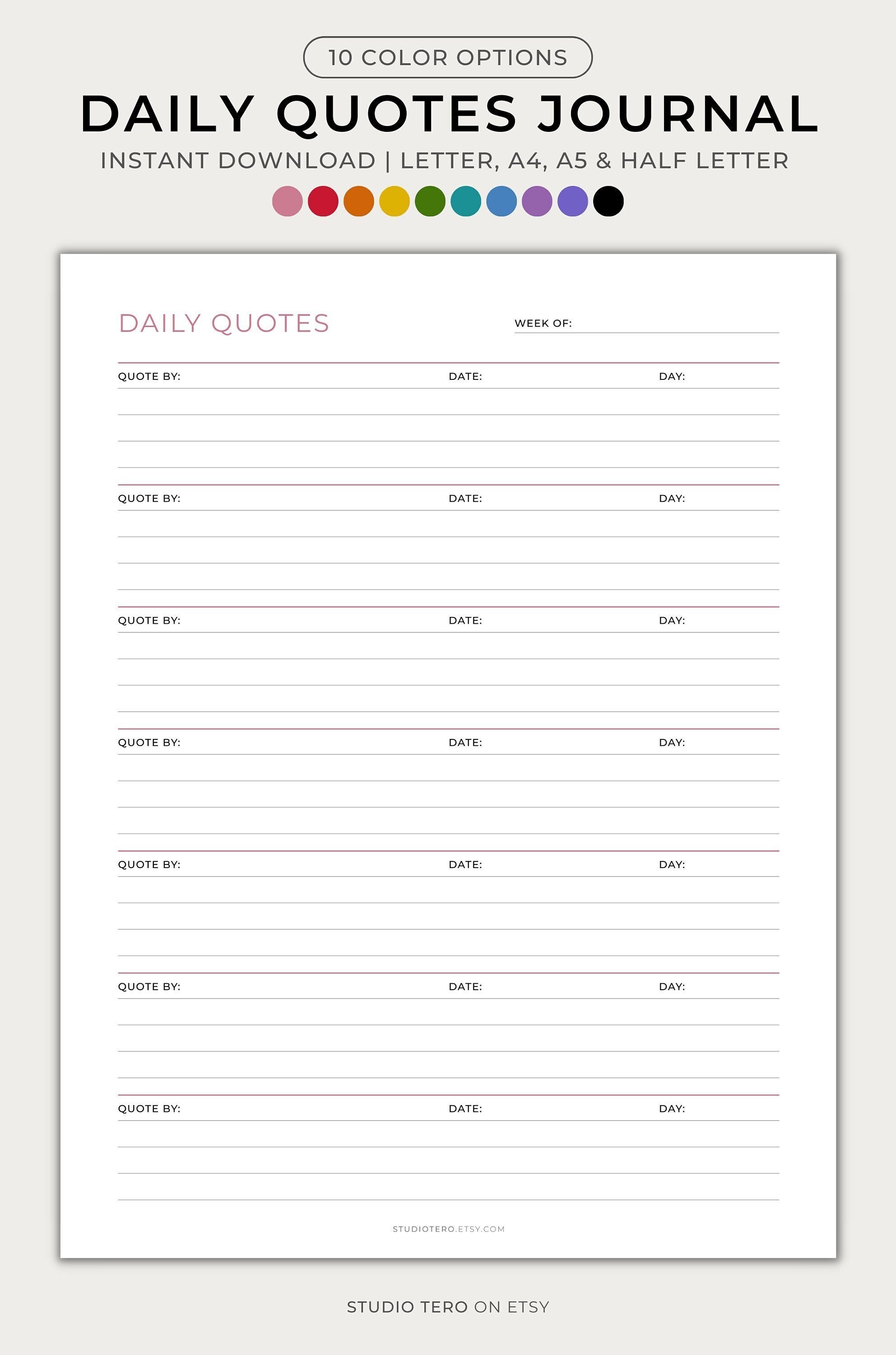Daily Quotes Journal, Printable, Minimal, Quotes Diary, Daily Positive ...