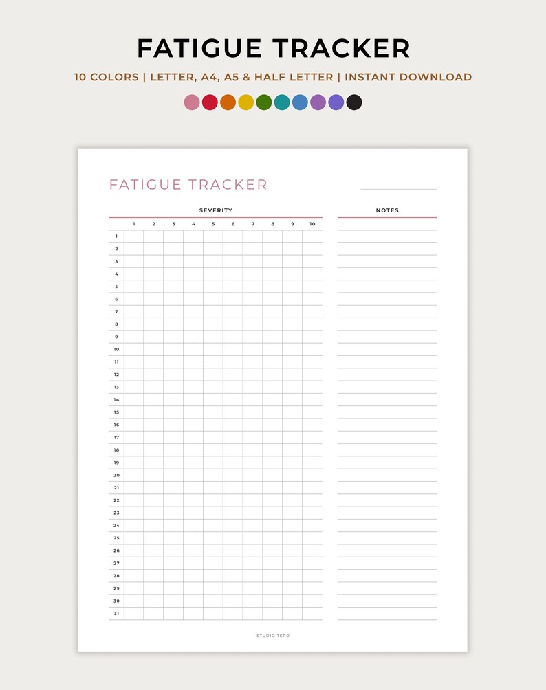 Fatigue Tracker, Printable PDF, Pain Severity, Wellness Planner, Health ...