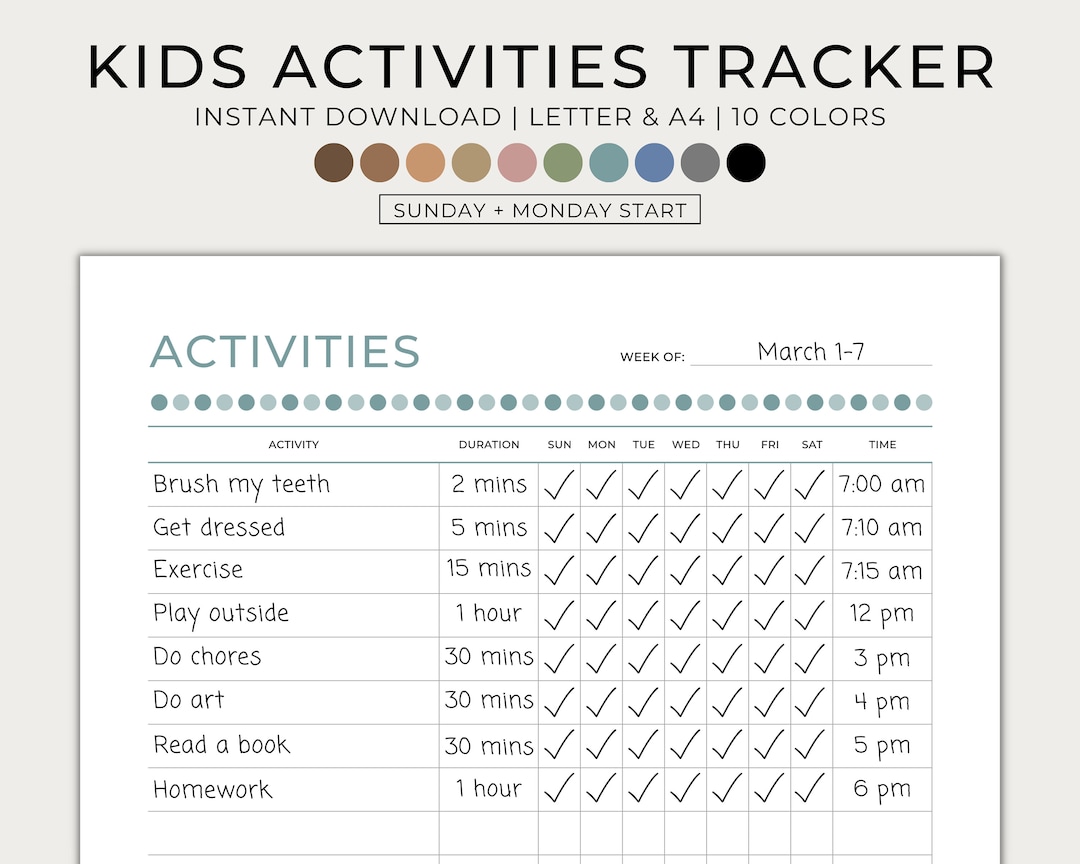 Kids Activities Tracker, Printable, Minimal, Routine Chart, Kid Planner ...