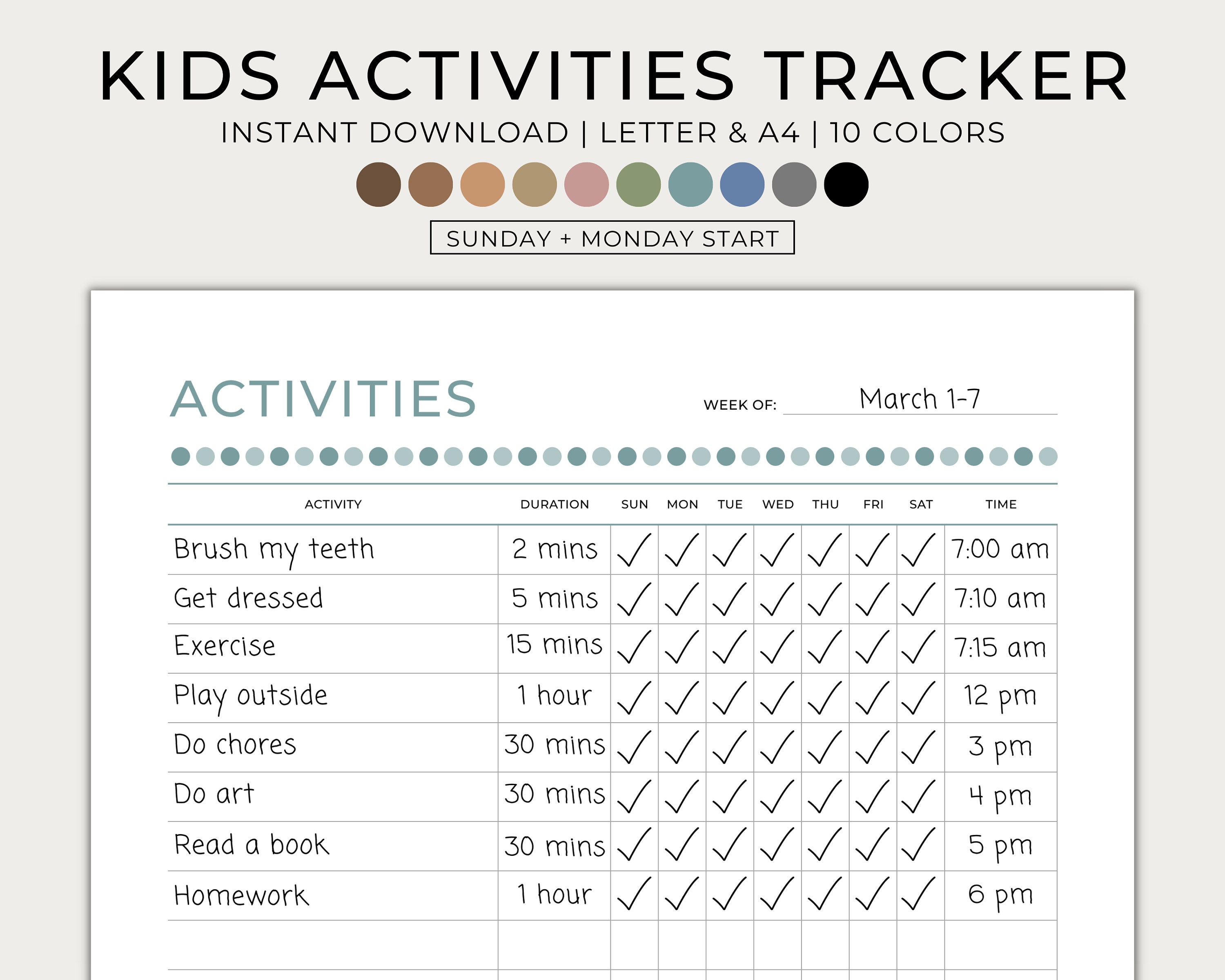 Kids Activities Tracker, Printable, Minimal, Routine Chart, Kid Planner ...