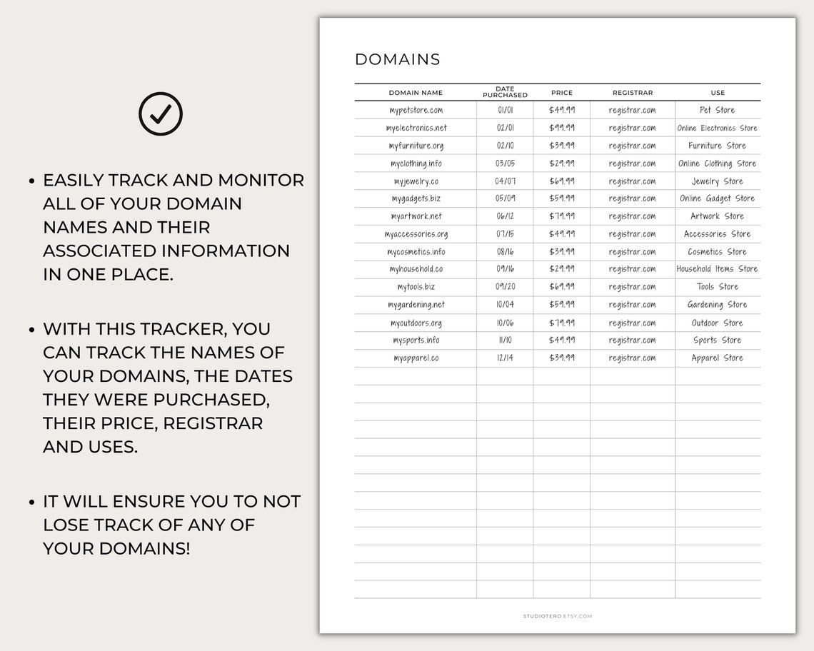 Domains Tracker Printable Minimal Domain Names Tracker - Etsy