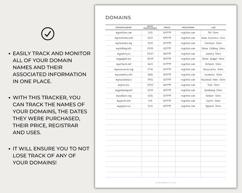 Domains Tracker Printable Minimal Domain Names Tracker - Etsy