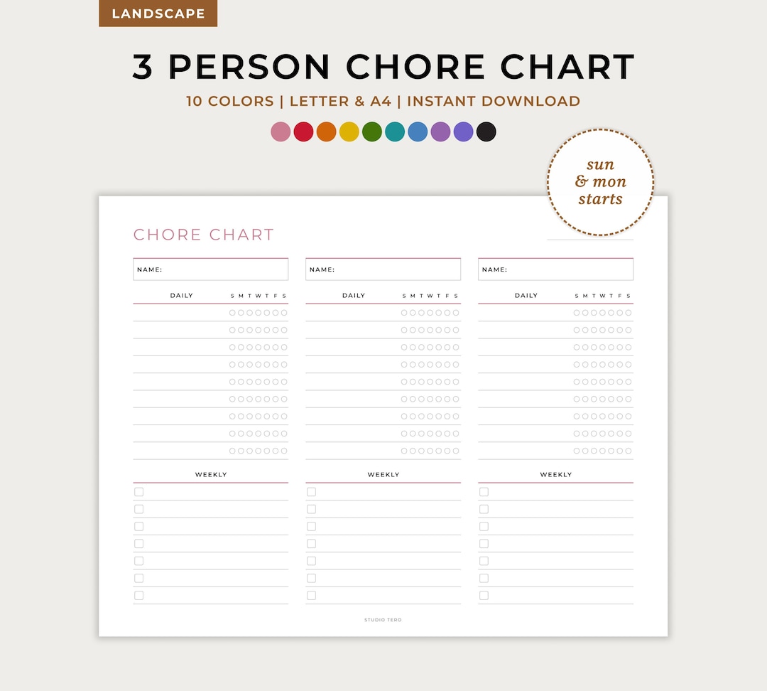 3 Person Chore Chart for 3 Kids or Adults, Printable Template, Weekly ...
