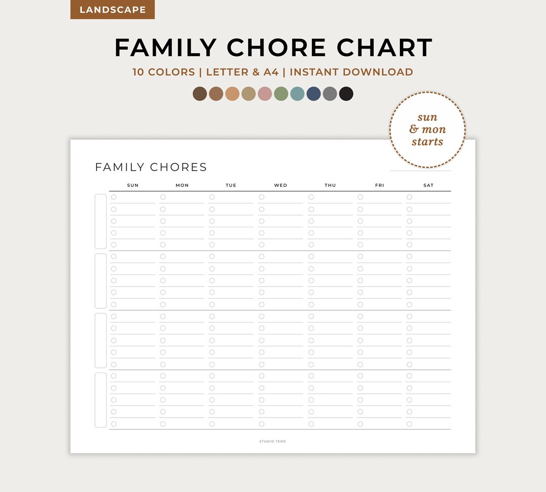 Family Chore Chart, Printable Landscape, Weekly Household Chores for ...