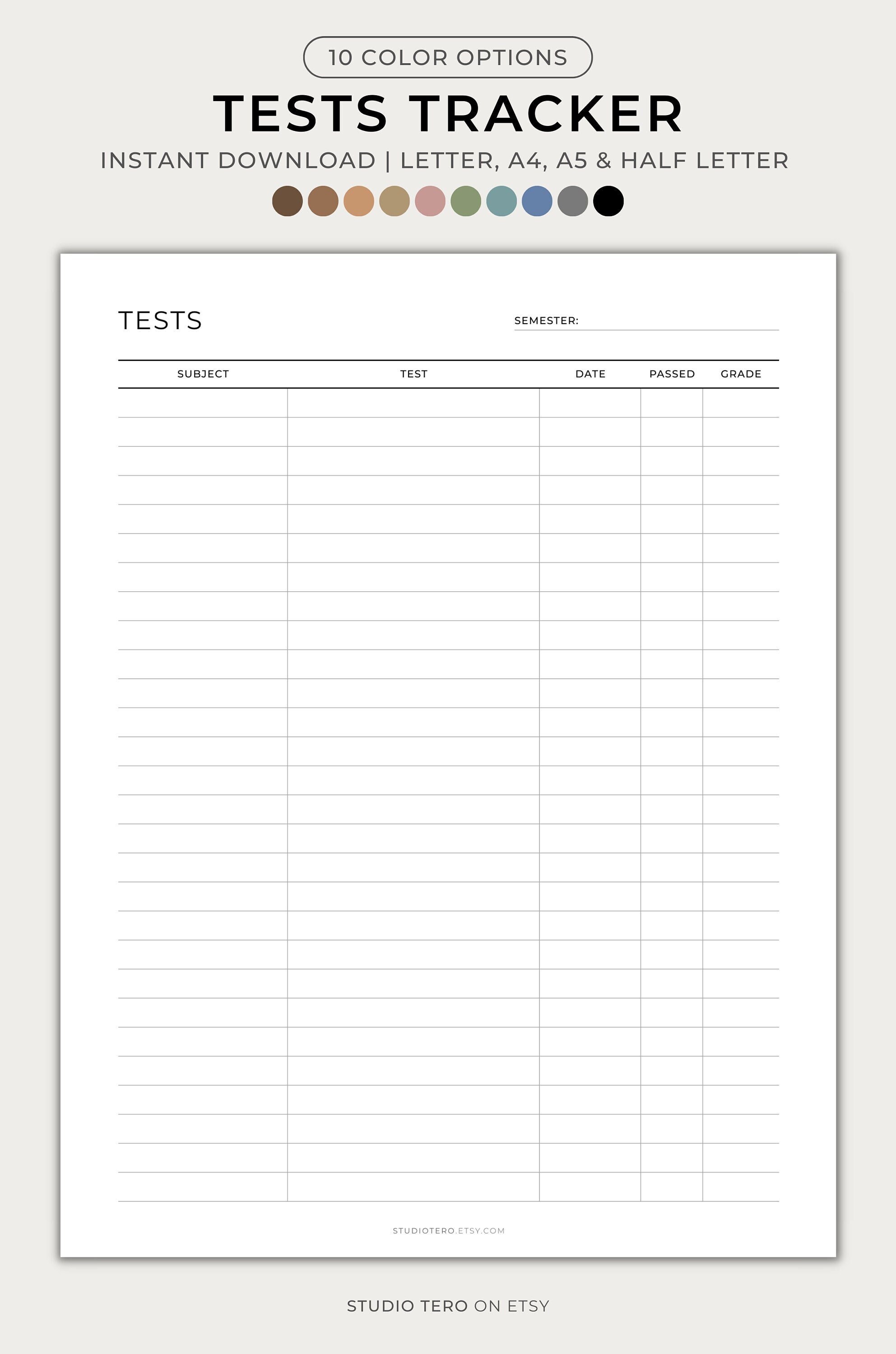 Tests Tracker, Printable, Minimal, Exams Tracker, Study Planner, Exam ...