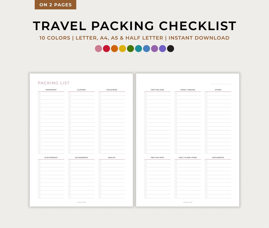 Travel Packing Checklist Printable, Travel Documents, Electronics ...