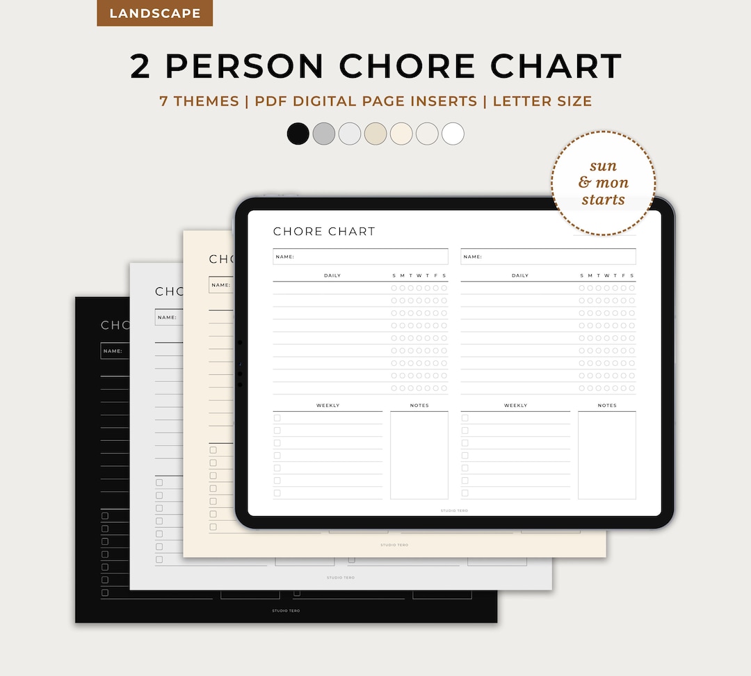 2 Person Chore Chart for 2 Kids or Adults, Printable Template, Weekly ...
