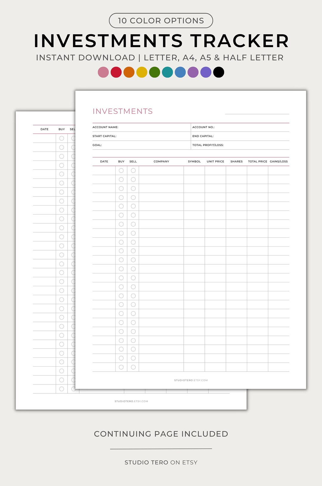 Investments Tracker, Printable, Minimal, Stocks Planner, Investments ...