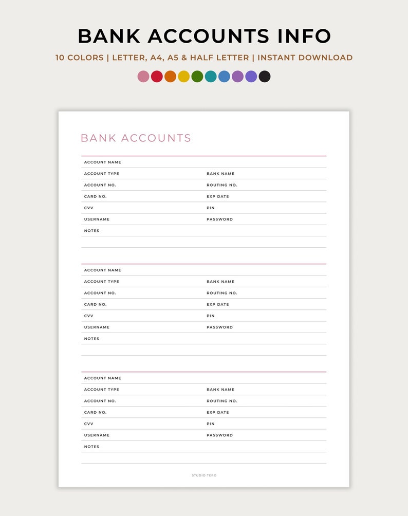 Bank Accounts Info Tracker Printable Template, Bank Account List, Bank ...
