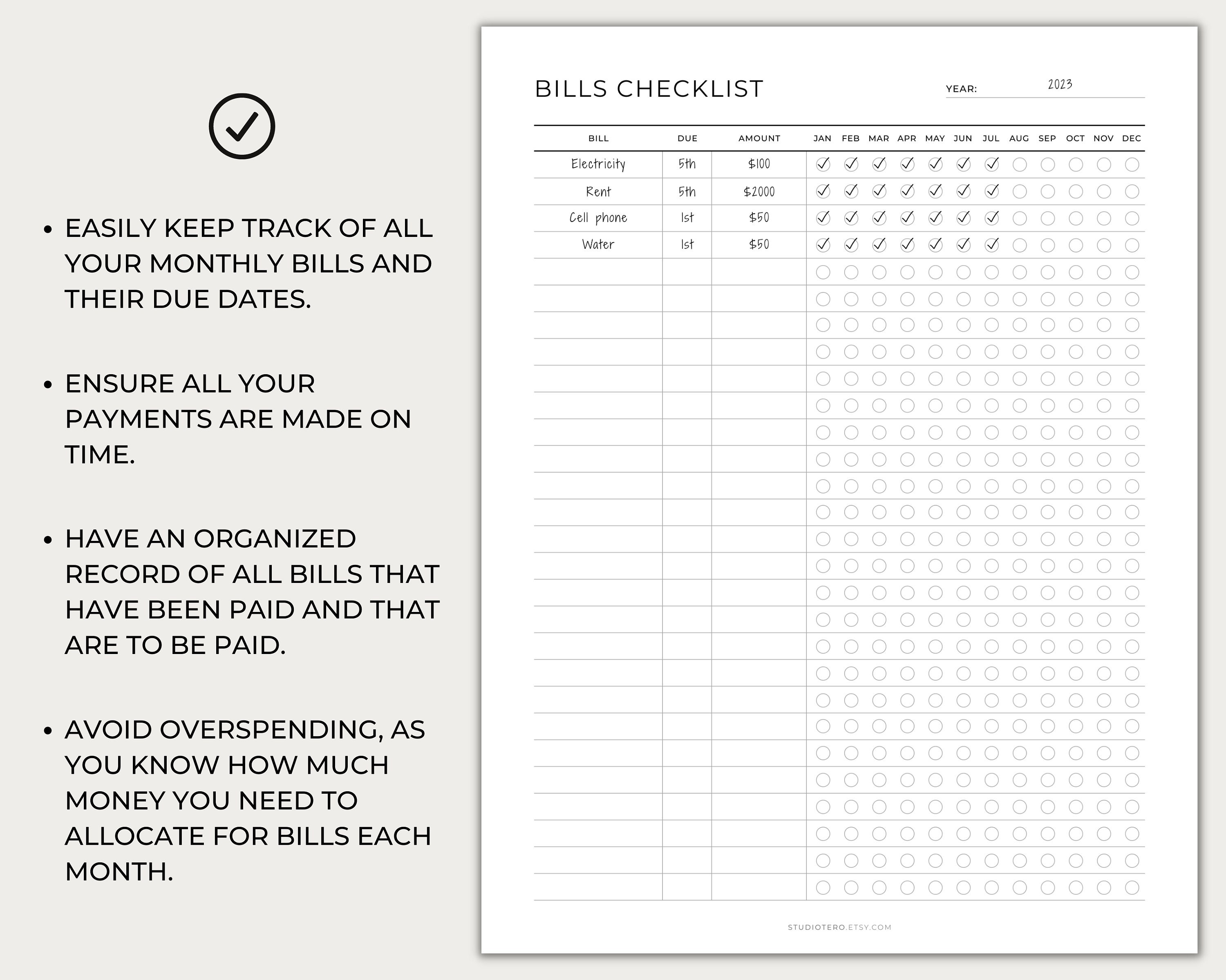 Bills Checklist, Printable, Minimal, Monthly Bill Payment Tracker, Bill ...