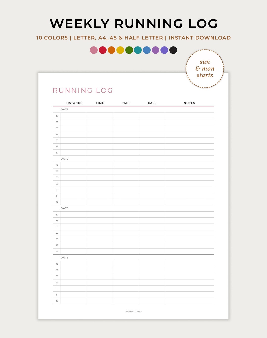 Weekly Running Log, Running Journal, Cardio Training Log, Running ...