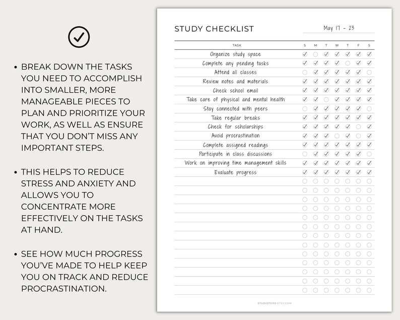 Study Checklist, Printable, Minimal, Student Planner, School Tasks ...
