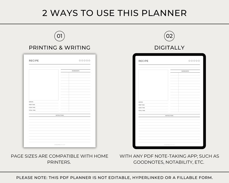 Recipe Sheet, Printable, Minimal, Cooking Planner, Recipe Planner, Food ...