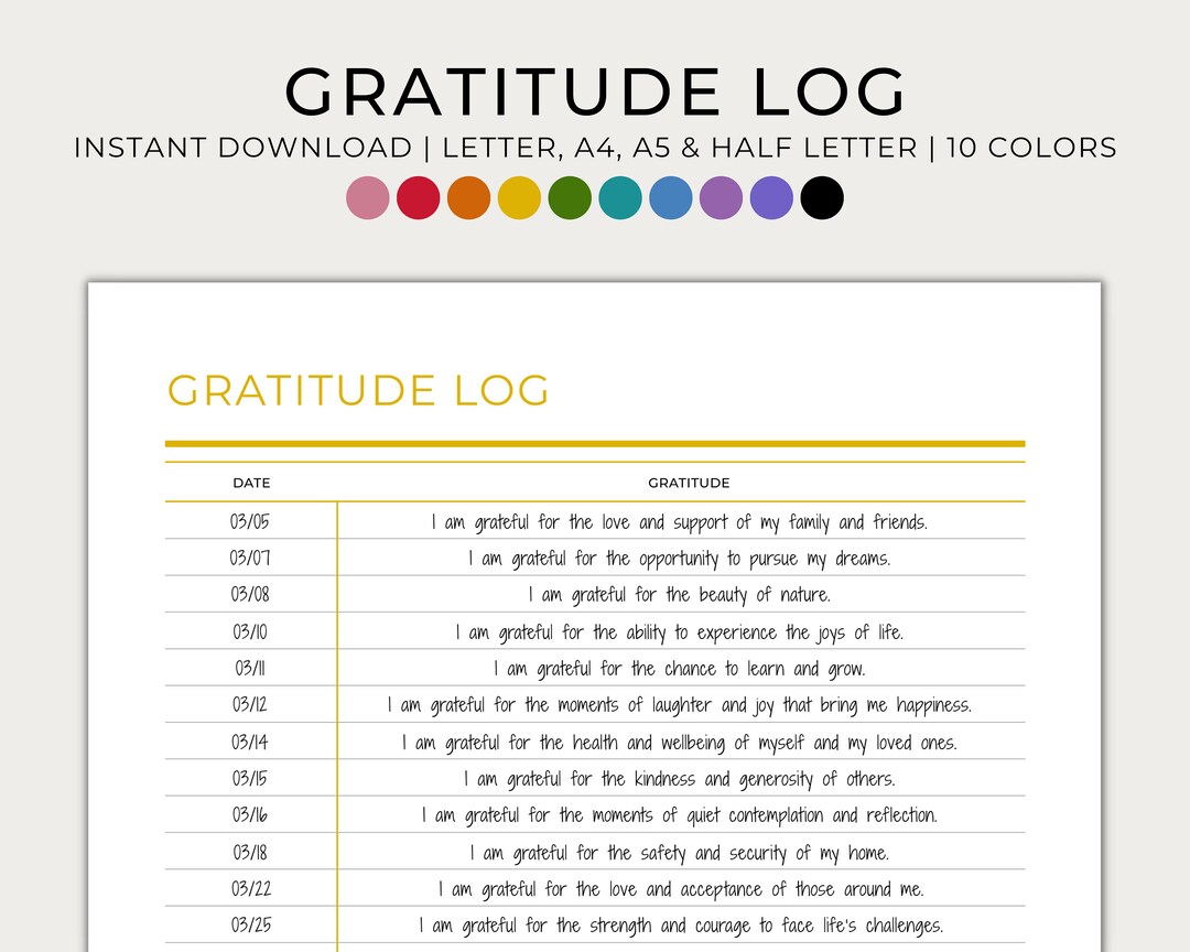 Gratitude Log, Printable, Minimal, Gratitude Journal, Mental Health ...
