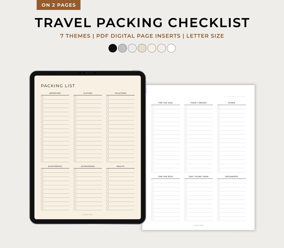 Travel Packing Checklist Printable, Travel Documents, Electronics ...