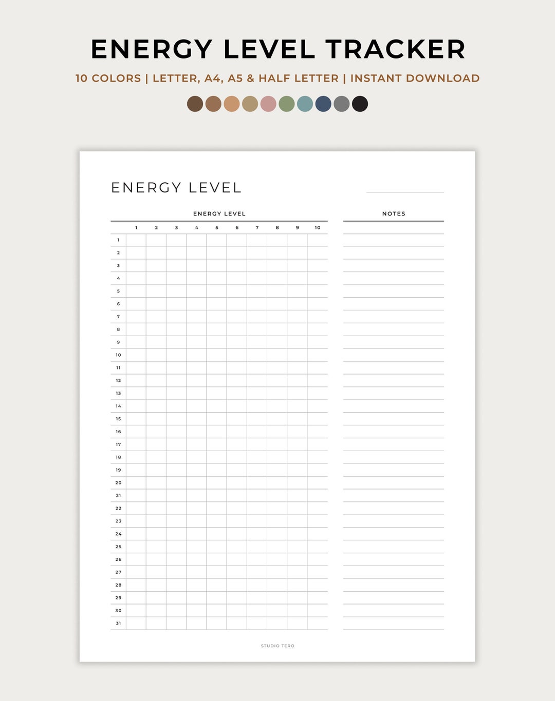 Energy Level Tracker, Printable Template, Wellness Planner, Health ...