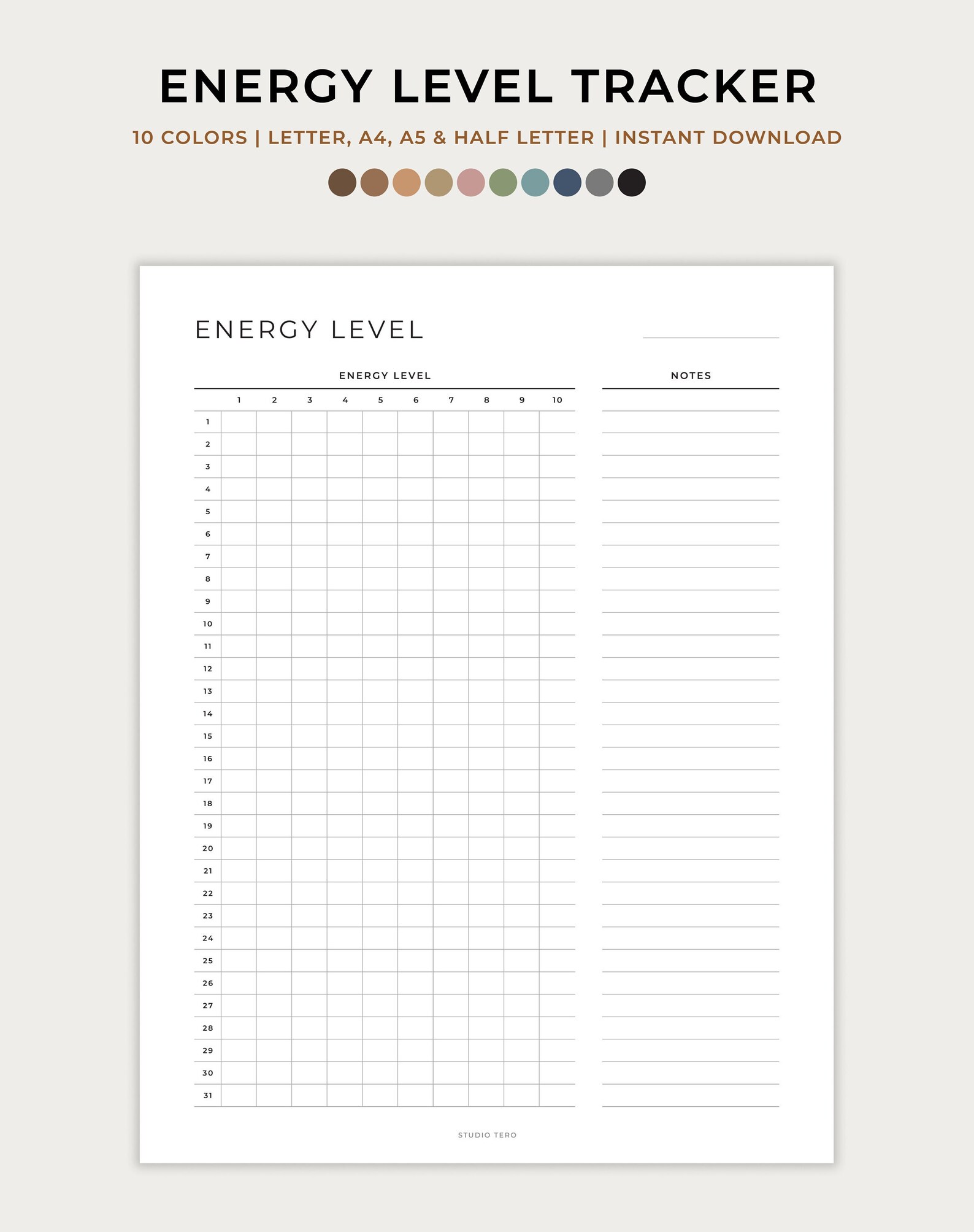 Energy Level Tracker, Printable Template, Wellness Planner, Health ...