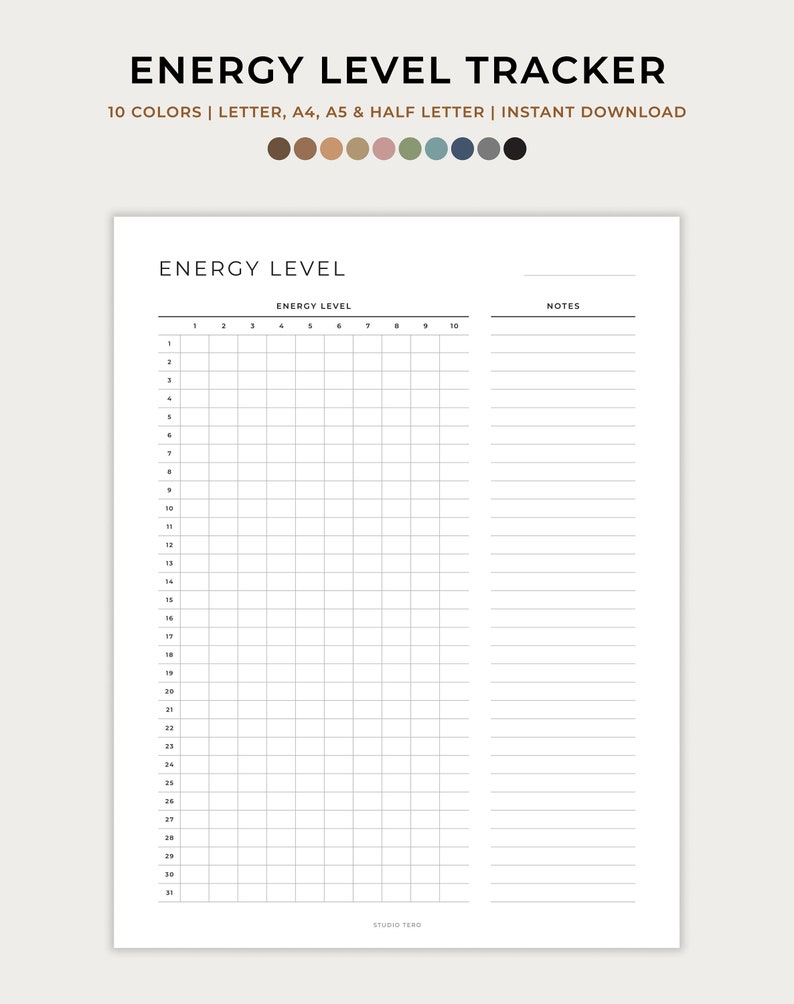 Energy Level Tracker, Printable Template, Wellness Planner, Health ...