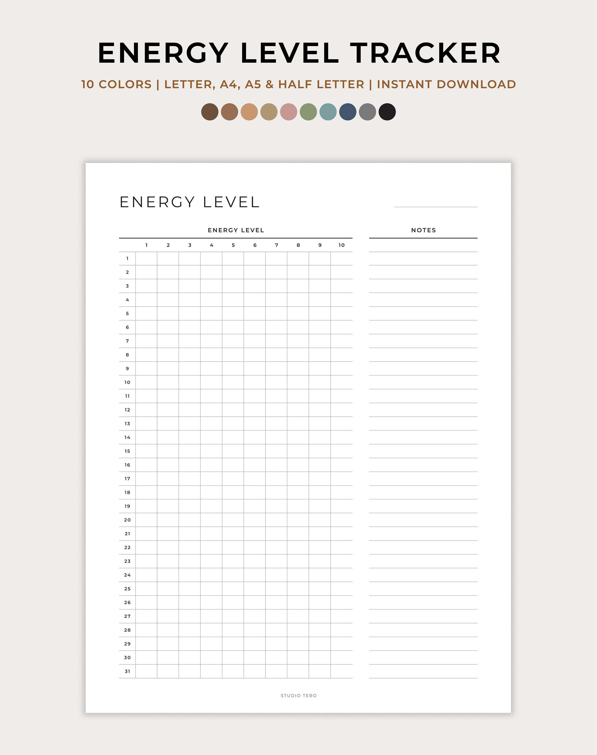 Energy Level Tracker, Printable Template, Wellness Planner, Health ...