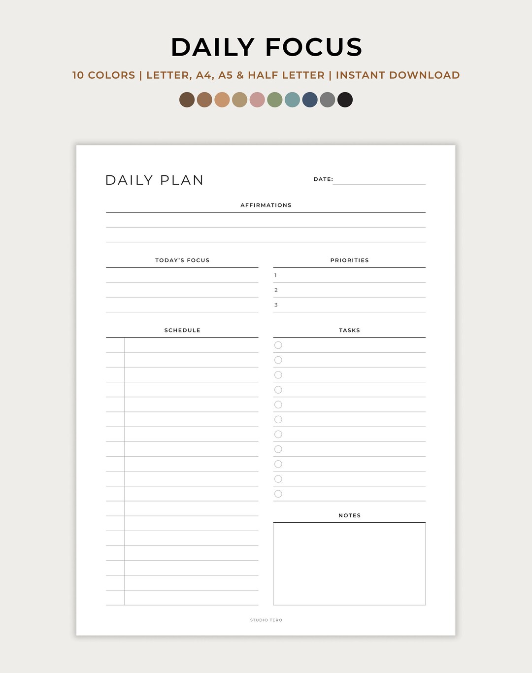 Daily Focus, Daily Printable 8.5x11 Planner Daily Grind Planner Inserts ...