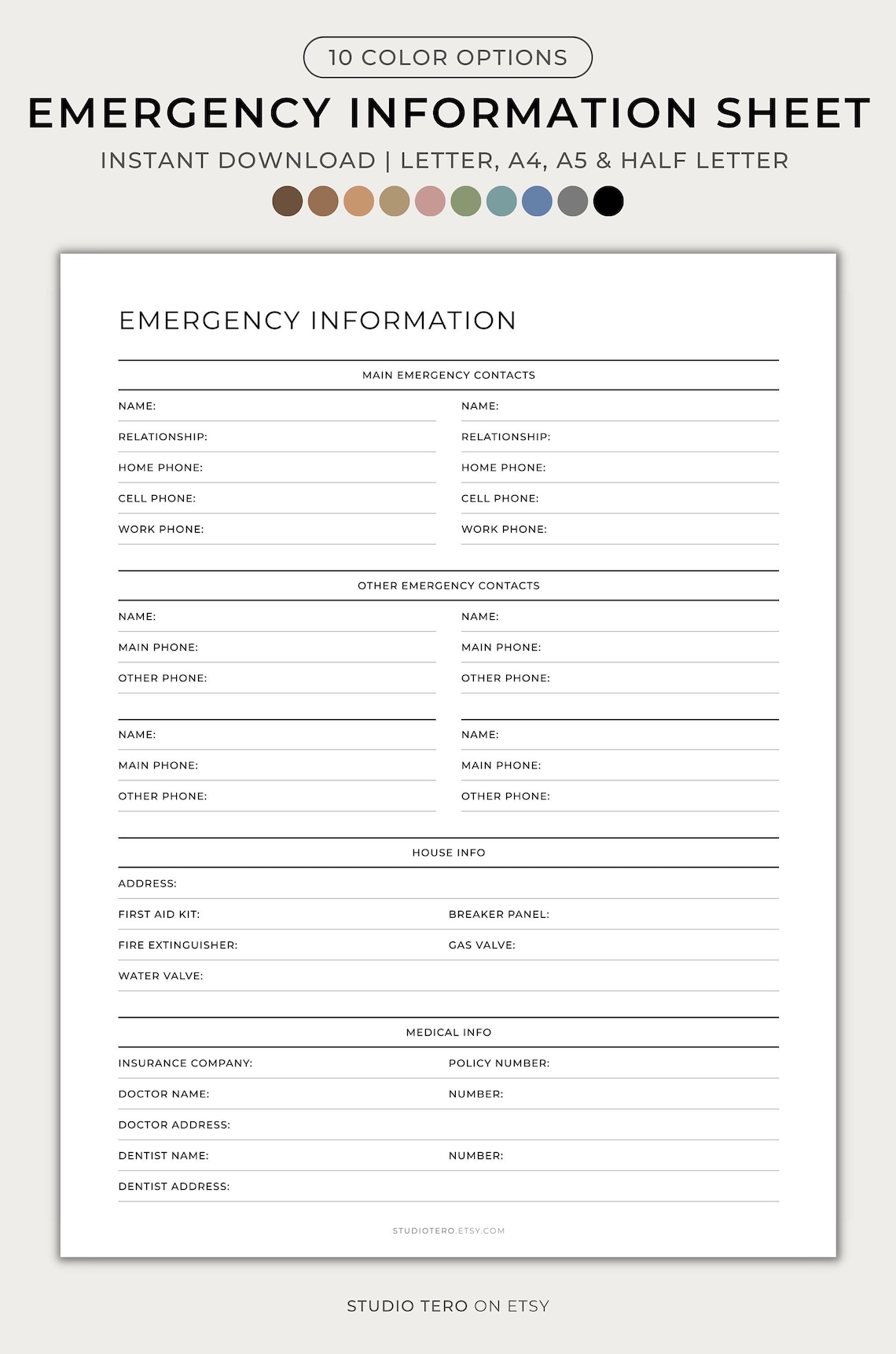 Emergency Information Sheet, Printable, Minimal, Emergency Contact ...