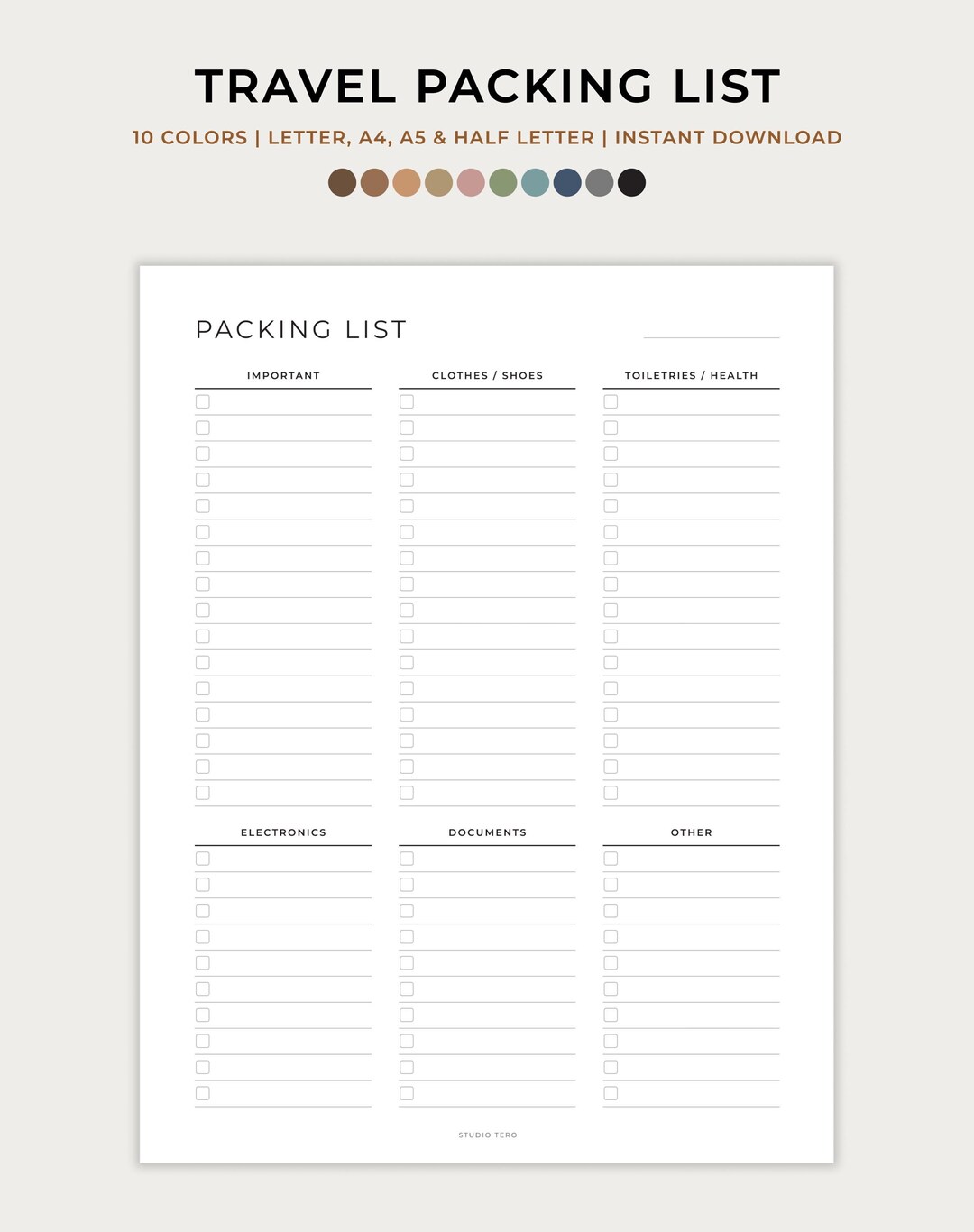 Travel Packing List Printable, Travel Documents, Electronics, Clothes ...