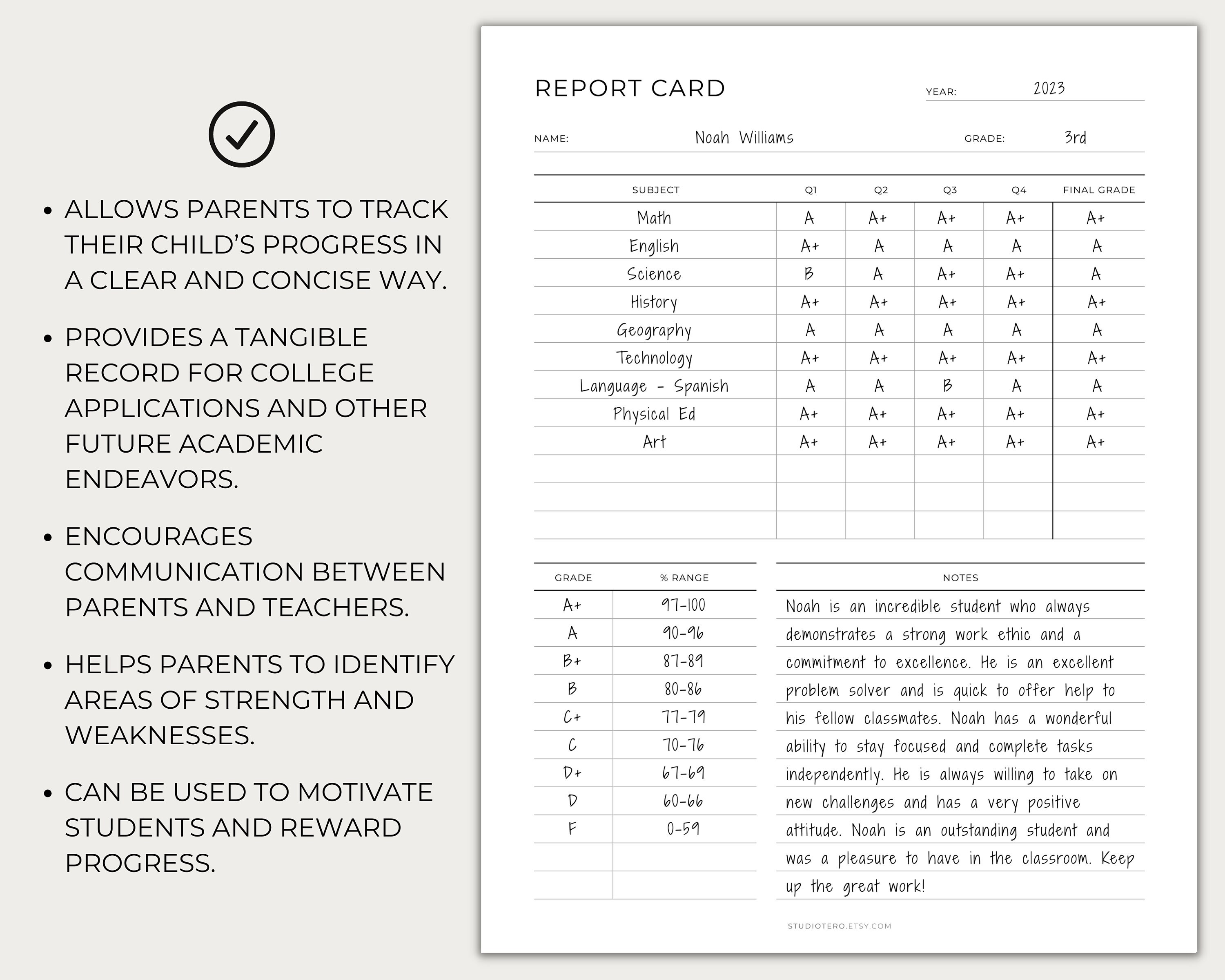 Report Cards, Printable, Minimal, Homeschool Report Card, School Grades ...