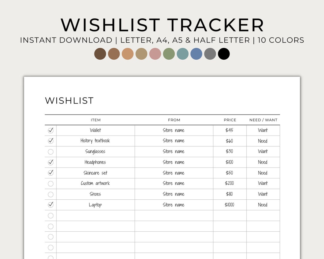 Wishlist Tracker Printable Minimal Wishlist Template - Etsy
