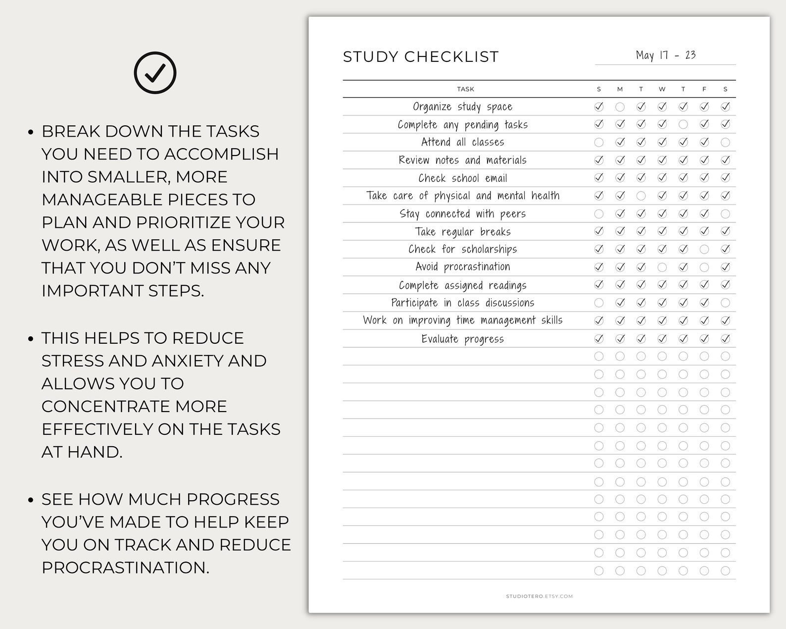 Study Checklist, Printable, Minimal, Student Planner, School Tasks ...
