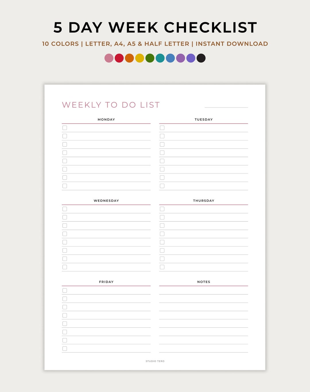 5 Day Week Checklist, Weekly to Do List, Work/office Planner, Week at a ...