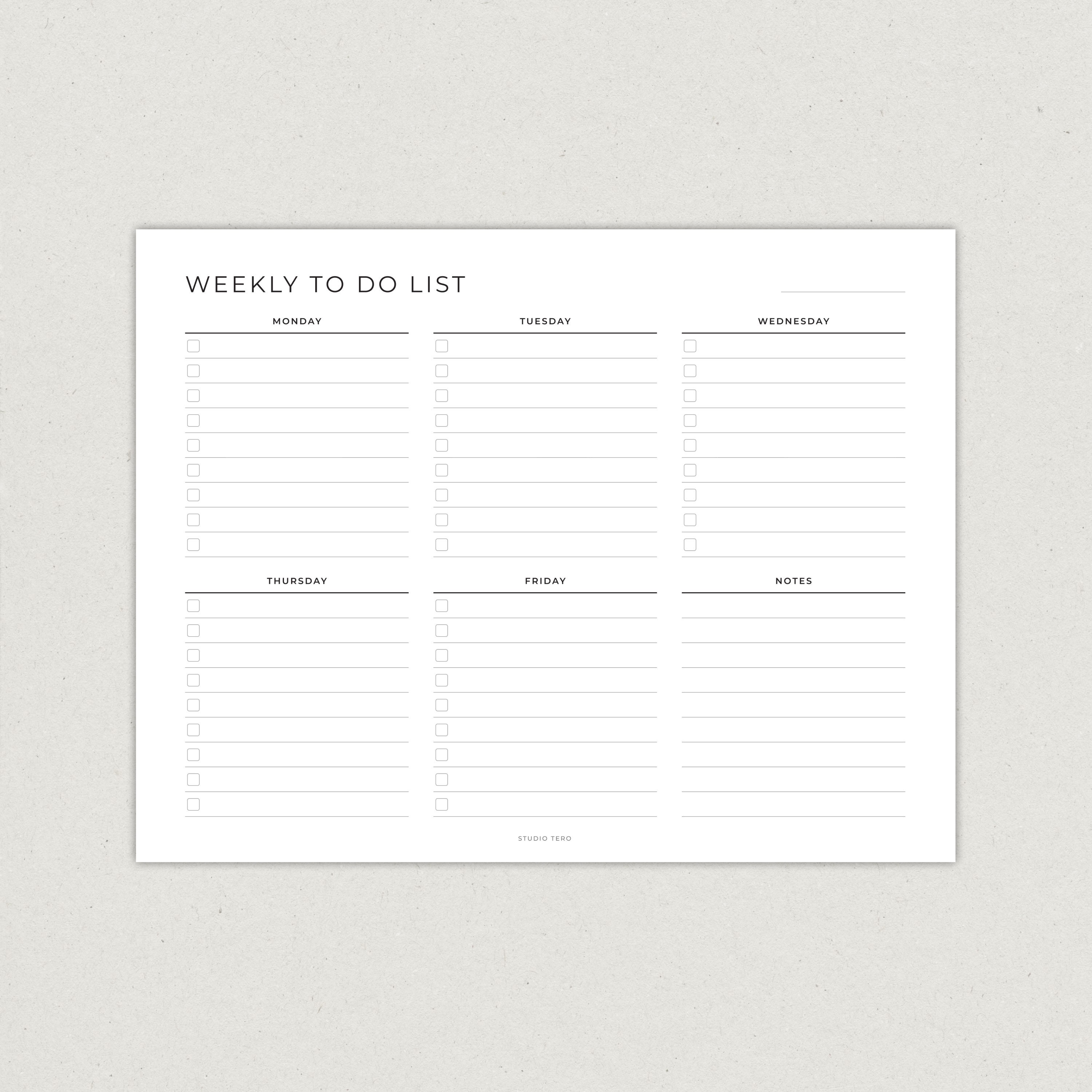 5 Day Week Task List, Printable, Weekly Planner Template, Student ...