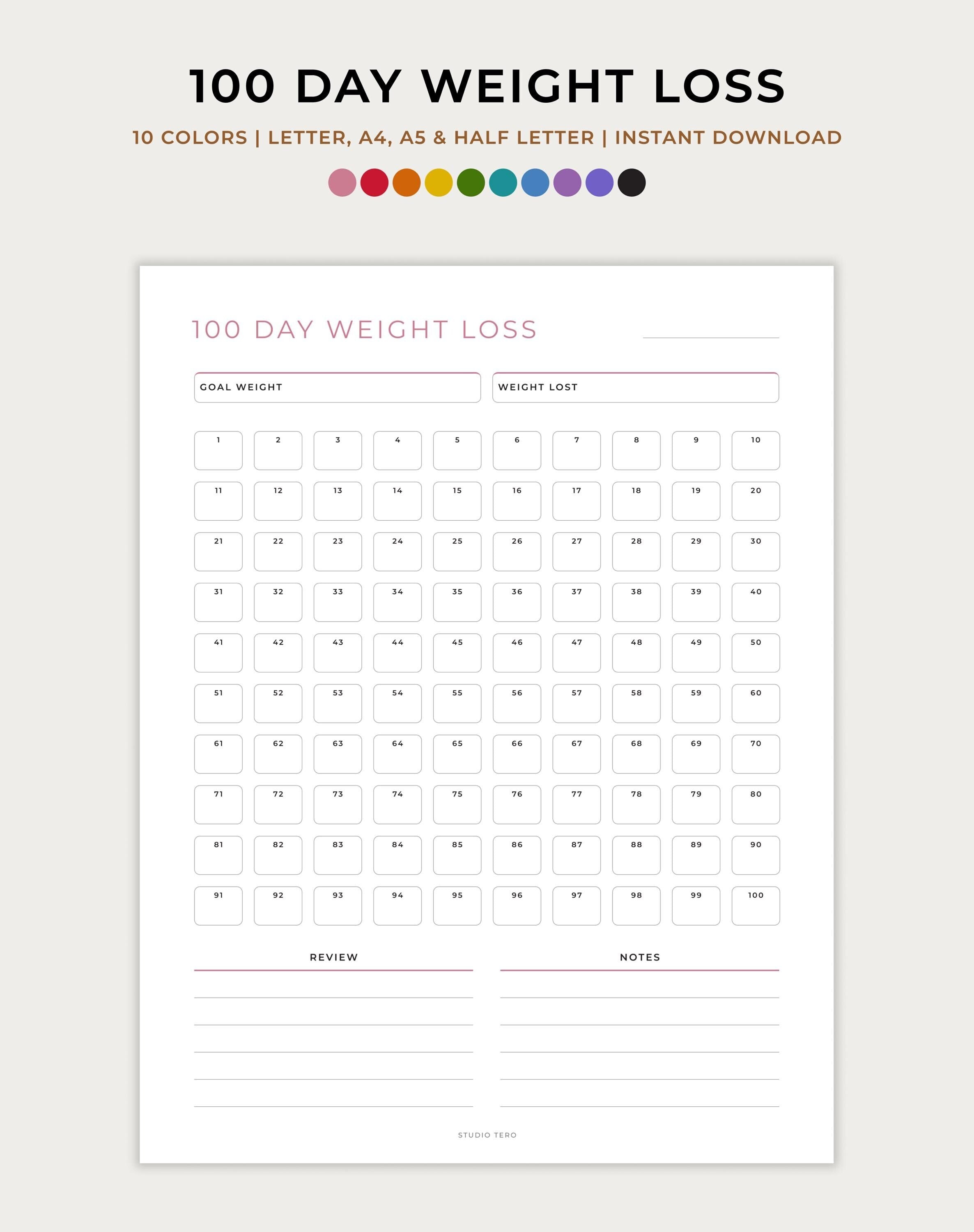 100 Day Weight Loss Tracker Printable, Weight Loss Challenge, Weight ...