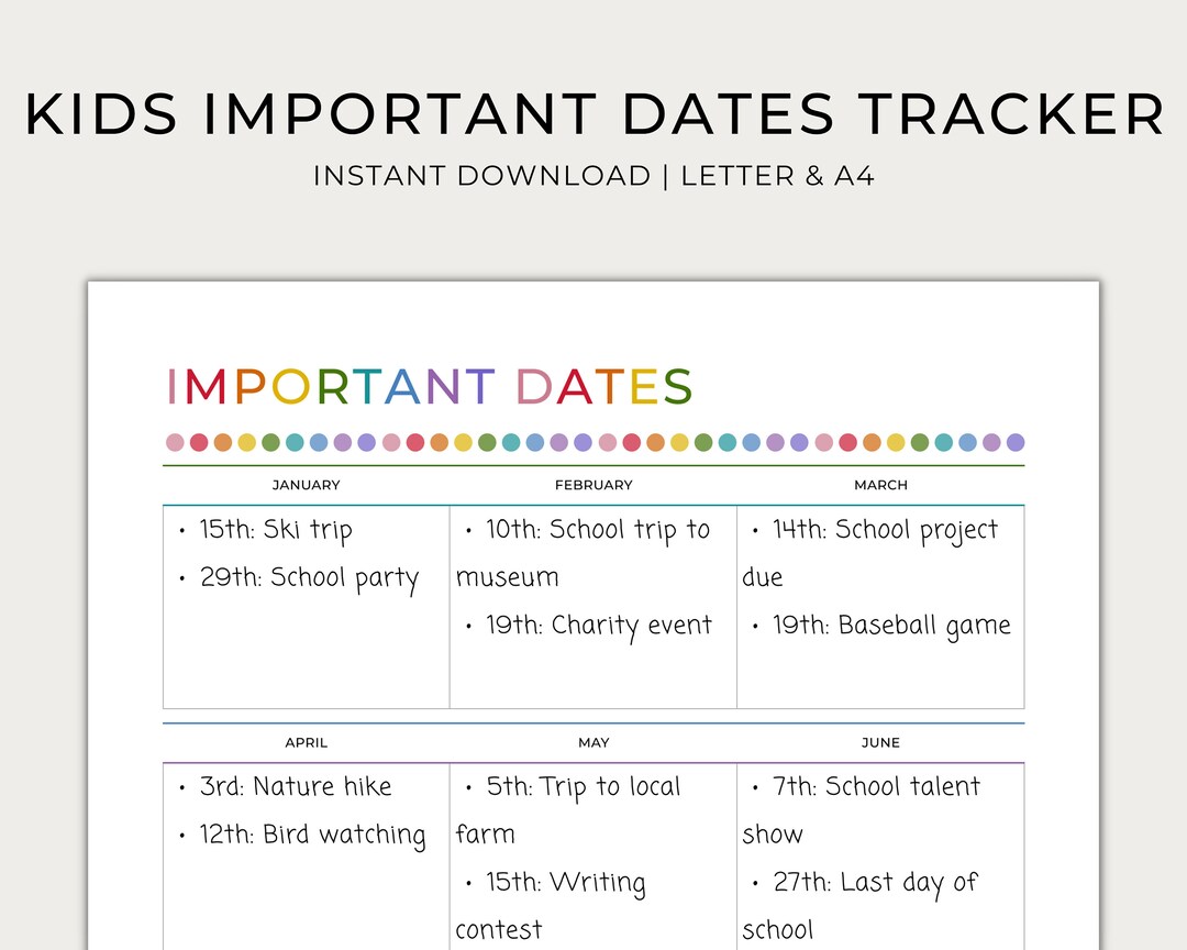 Kids Important Dates Tracker, Printable, Minimal, Kids Planner, Kids ...