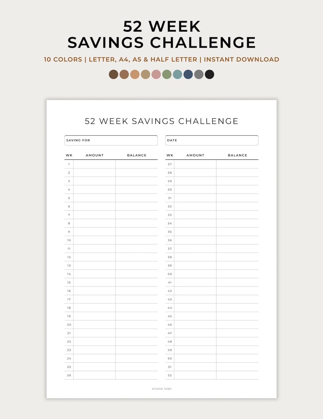 52 Week Savings Challenge Printable PDF, Savings Trackers, Money ...