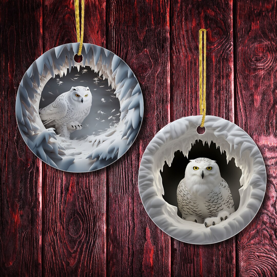 Set of 2 Winter Snowy Owls - 3D Looking Flat Printed Ceramic Christmas ...