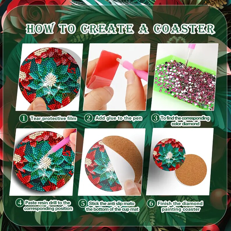 8 Pcs Diamond Painting Coaster Kit Christmas Poinsettia Patterns Art ...