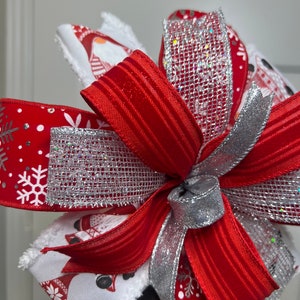 Christmas Bow, Holidays Bow, Santa Gnome, Red and Silver Snowflake Bow ...