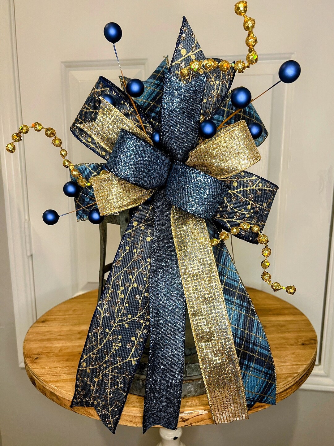 Christmas Bow, Winter Bow, Gold and Navy Bow, Bow for Lantern, Door ...