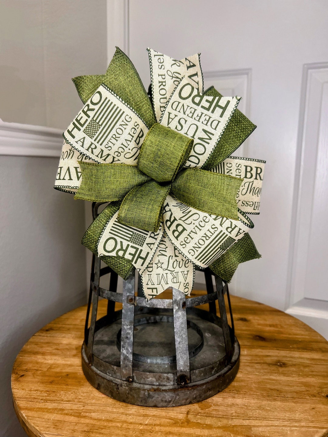 Army Forge Bow, Army Bow, Green and Burlap Bow, Bow for Lantern Wreath ...