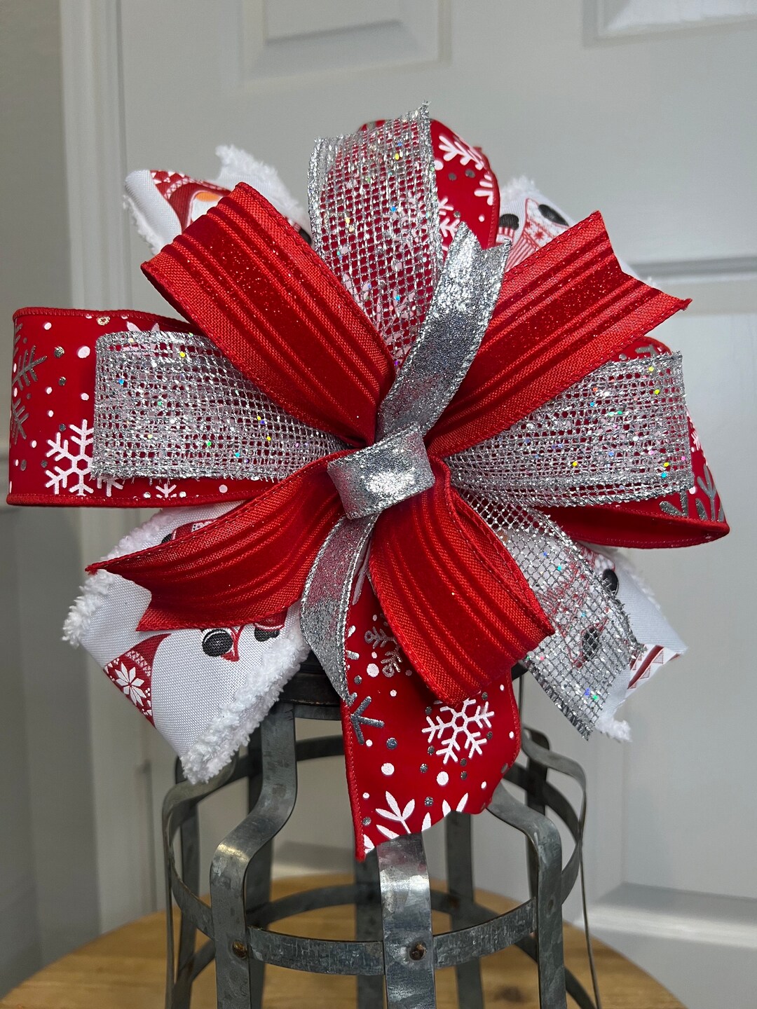 Christmas Bow, Holidays Bow, Santa Gnome, Red and Silver Snowflake Bow ...