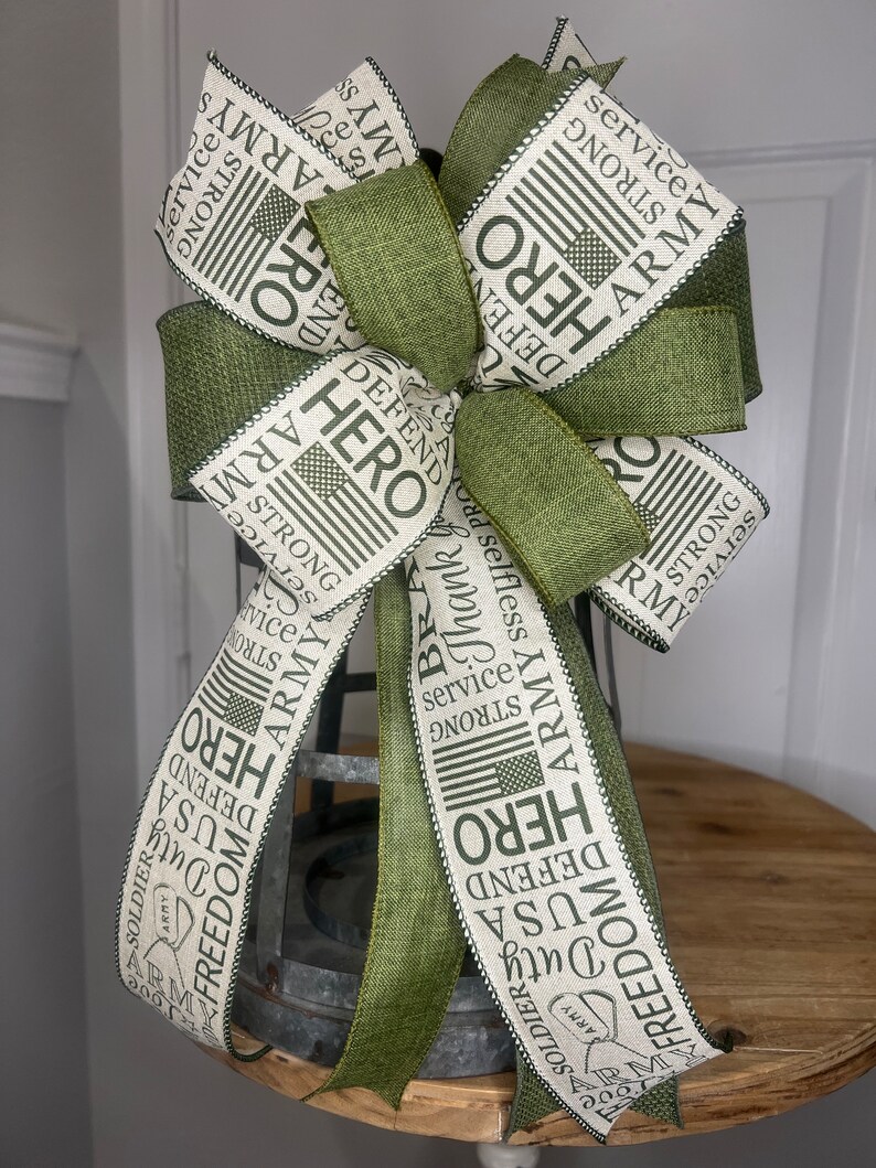 Army Forge Bow, Army Bow, Green and Burlap Bow, Bow for Lantern Wreath ...