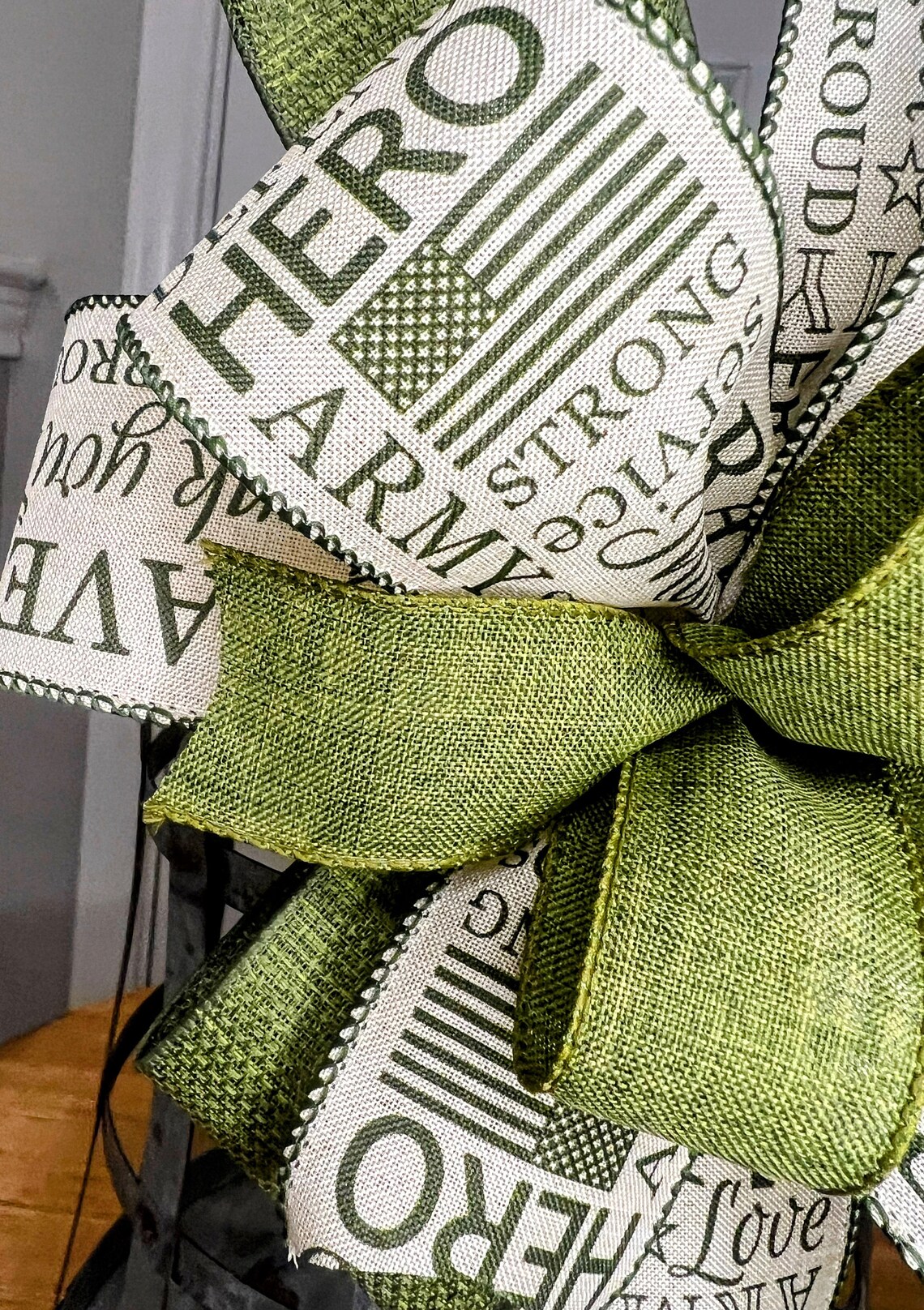 Army Forge Bow, Army Bow, Green and Burlap Bow, Bow for Lantern Wreath ...